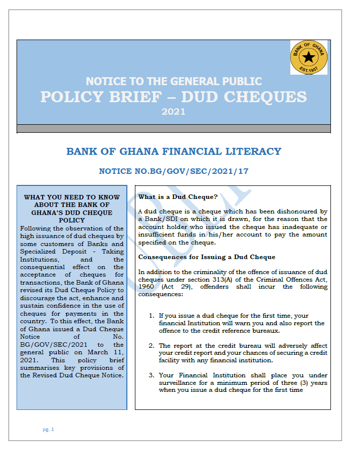 BOG Notice to the General Public Policy Brief - DUD Cheques - Jomoro ...
